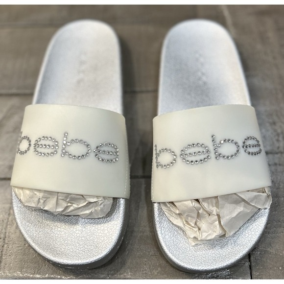 bebe | Shoes | Bebe Womens Dalia Silver Frost Slide Sandals White Size ...